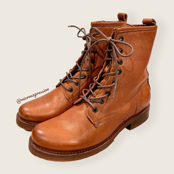 Frye | Shoes | 399 Frye Veronica Combat Cognac Leather Lace Up Moto ...
